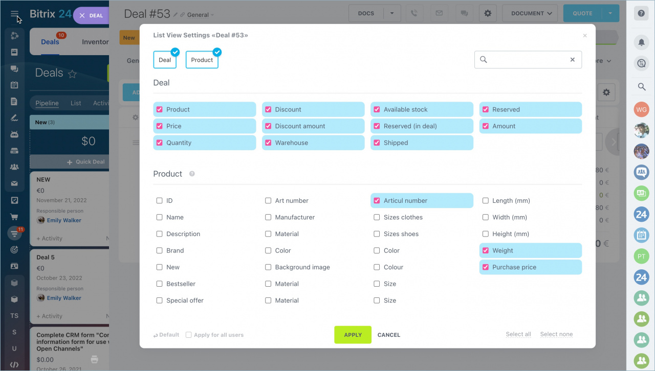 Custom product fields in the deal form